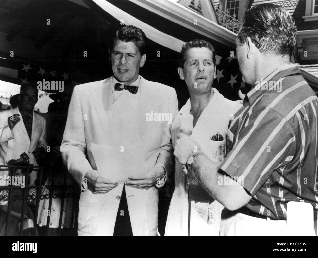 Ronald Reagan, Robert Cummings, Art Linkletter telecasting the opening ...