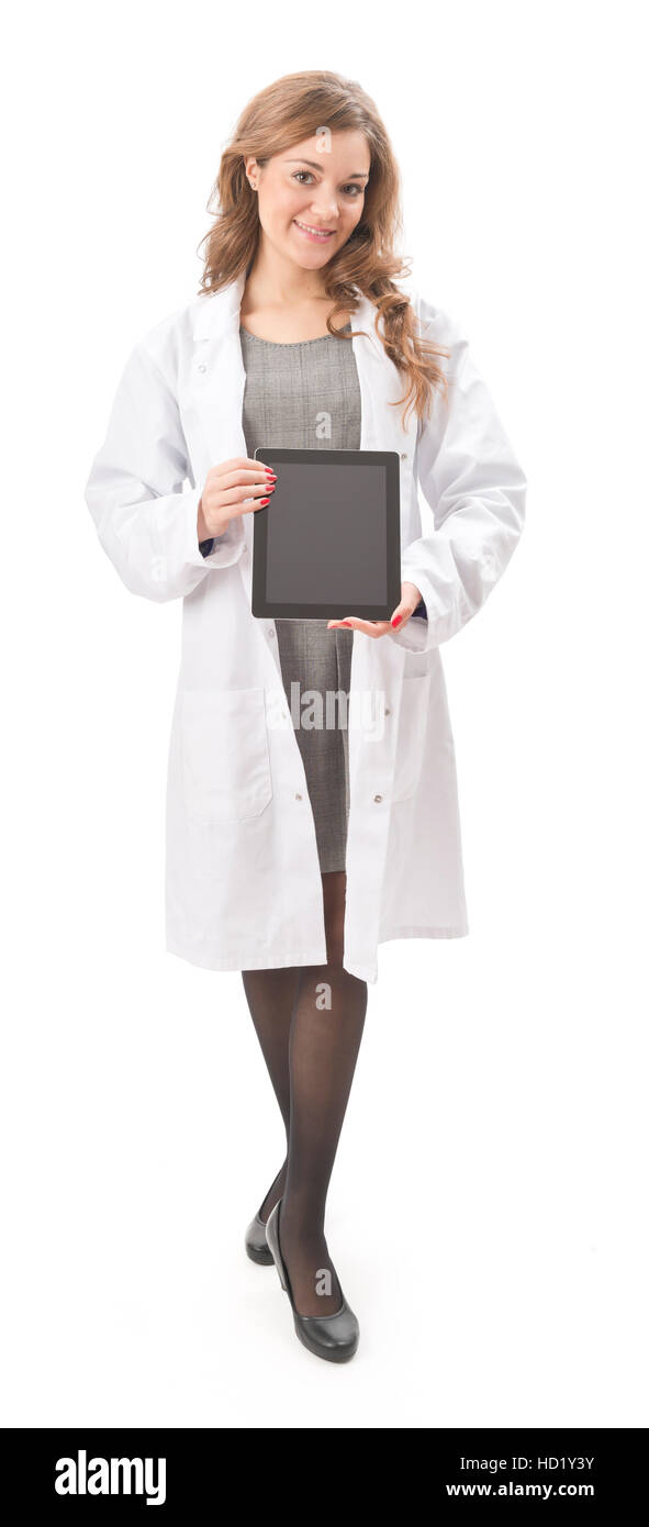 Young woman in white lab coat holding tablet computer with screen ...