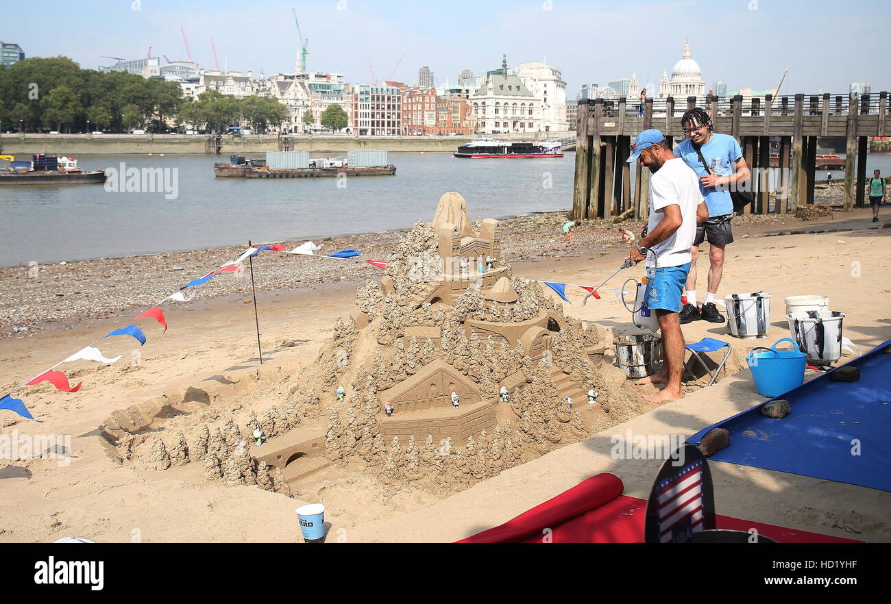 Summer Fun building Sandcastles on the South Bank Featuring: Atmosphere ...