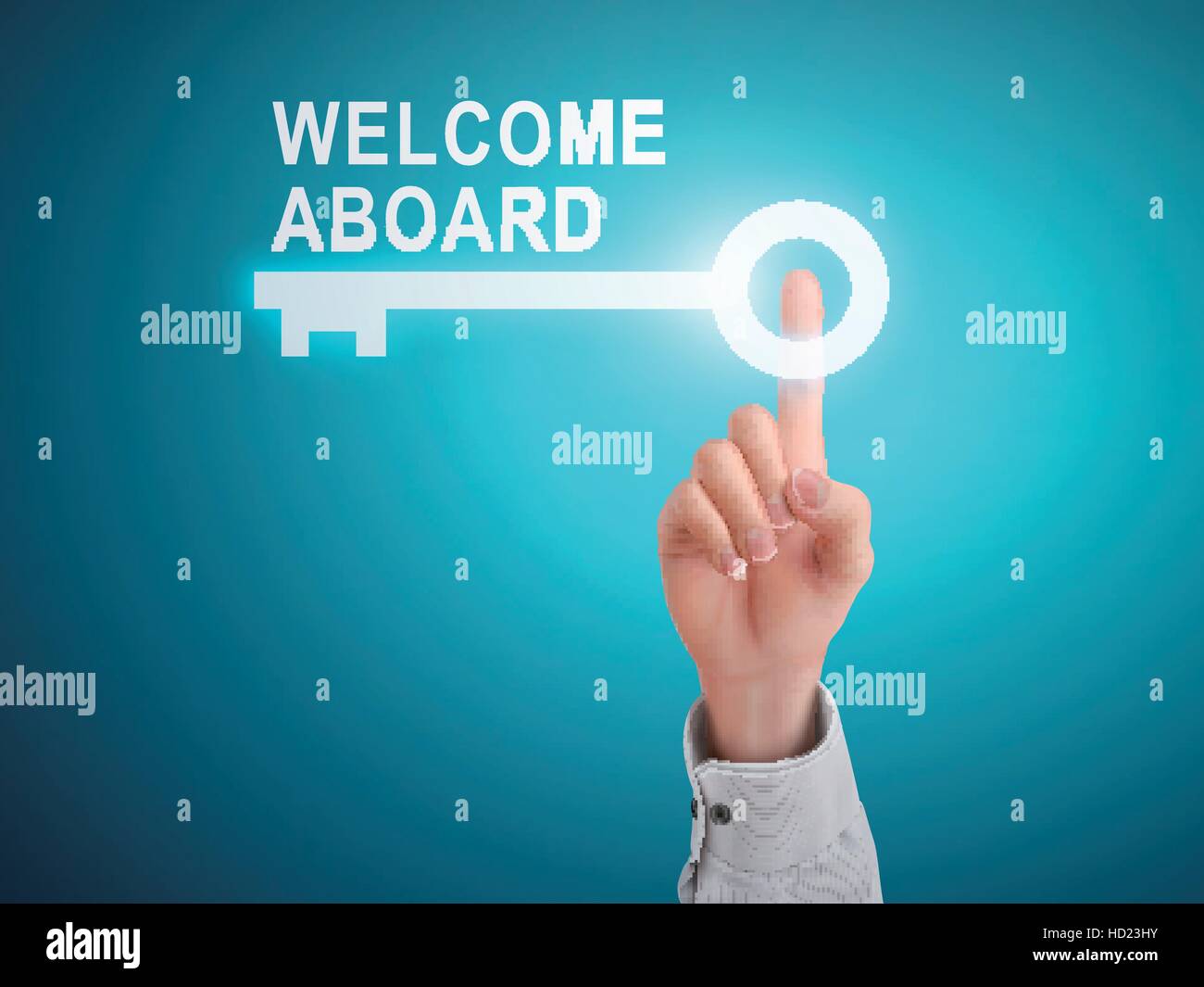 male hand pressing welcome aboard key button over blue abstract ...