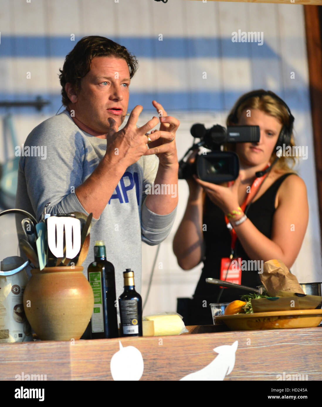 Jamie Oliver Giving a cooking demonstration at the Neff Big Kitchen on ...