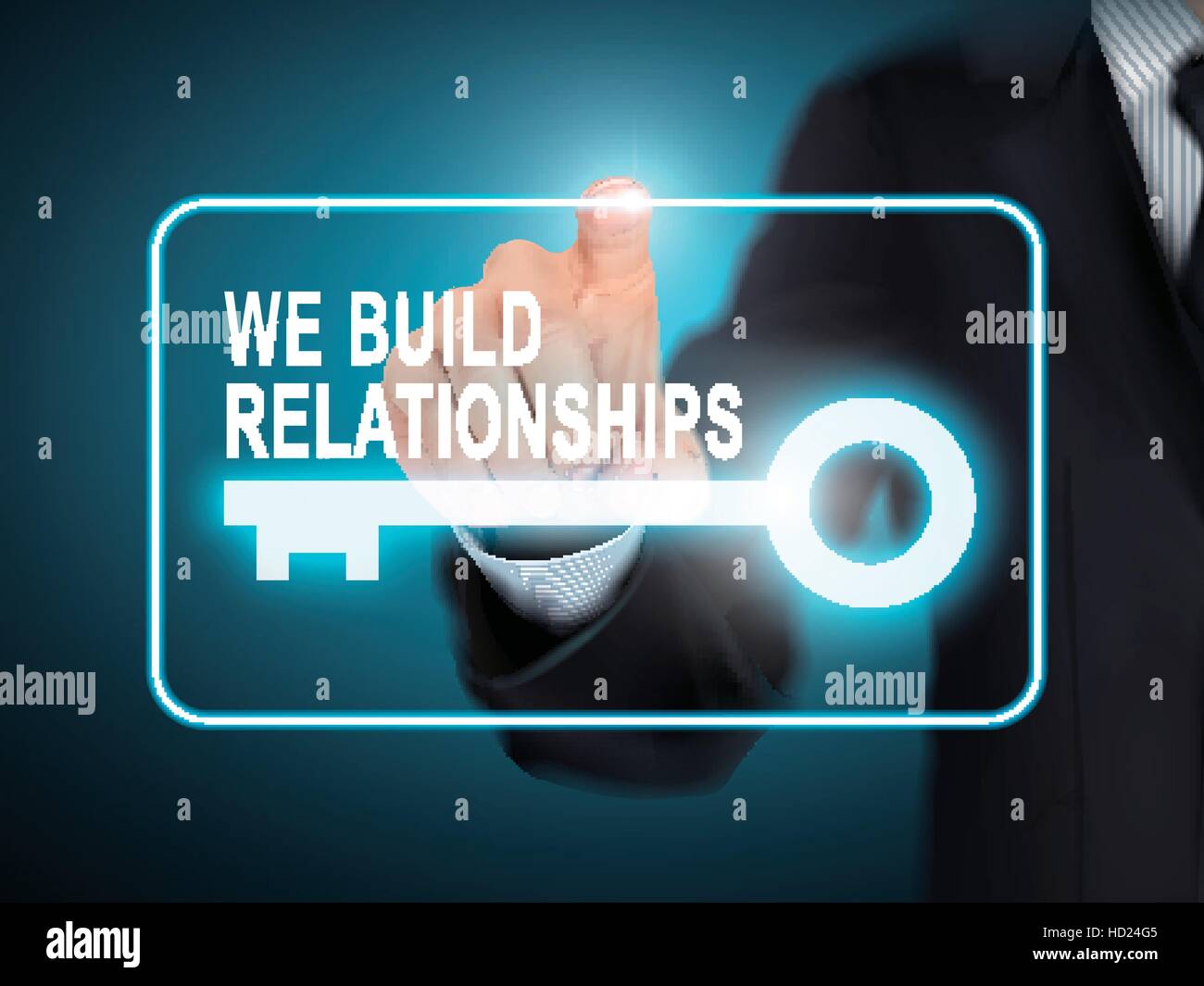 male hand pressing we build relationships key button over blue abstract ...