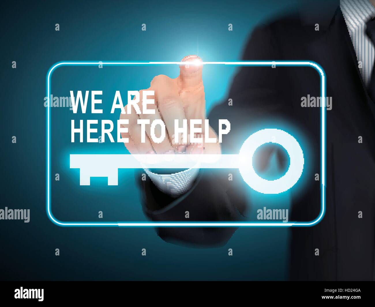 male hand pressing we are here to help key button over blue abstract ...