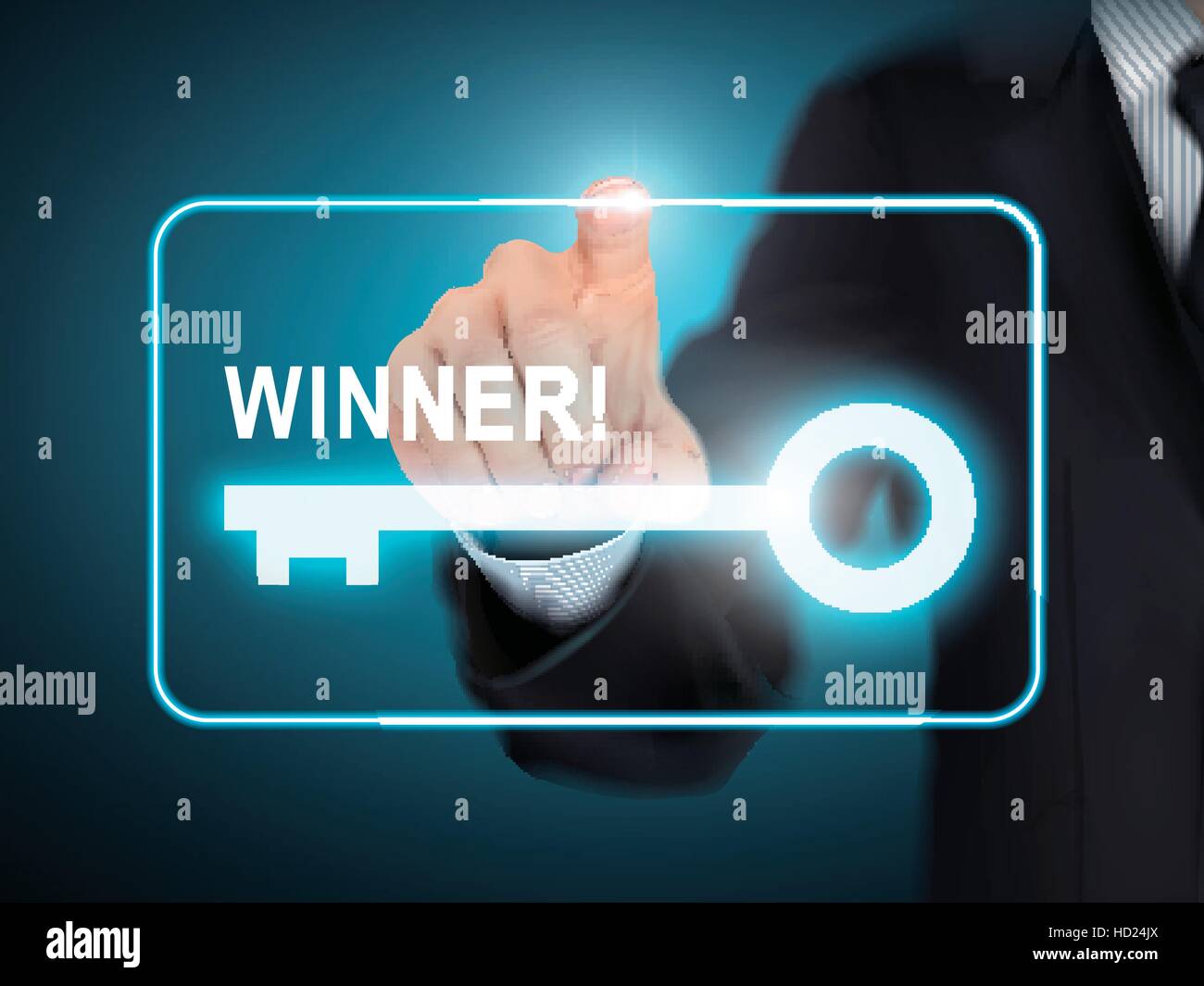 male hand pressing winner key button over blue abstract background ...