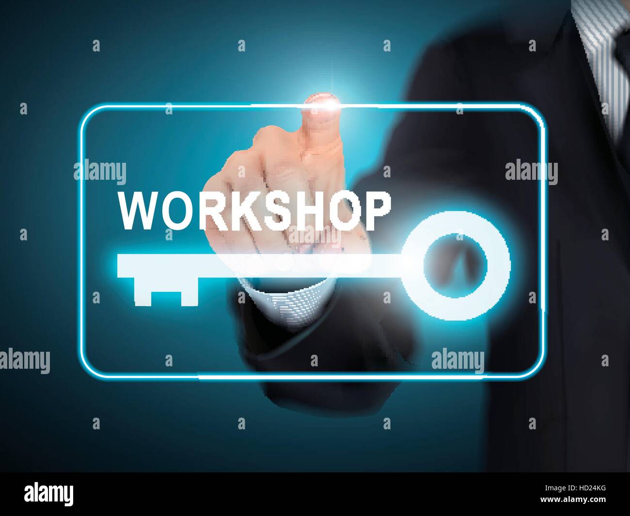 male hand pressing workshop key button over blue abstract background ...