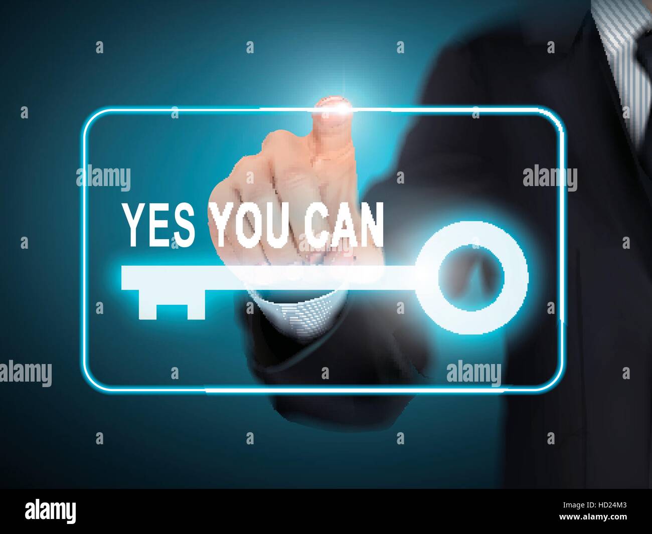 male hand pressing yes you can key button over blue abstract background ...