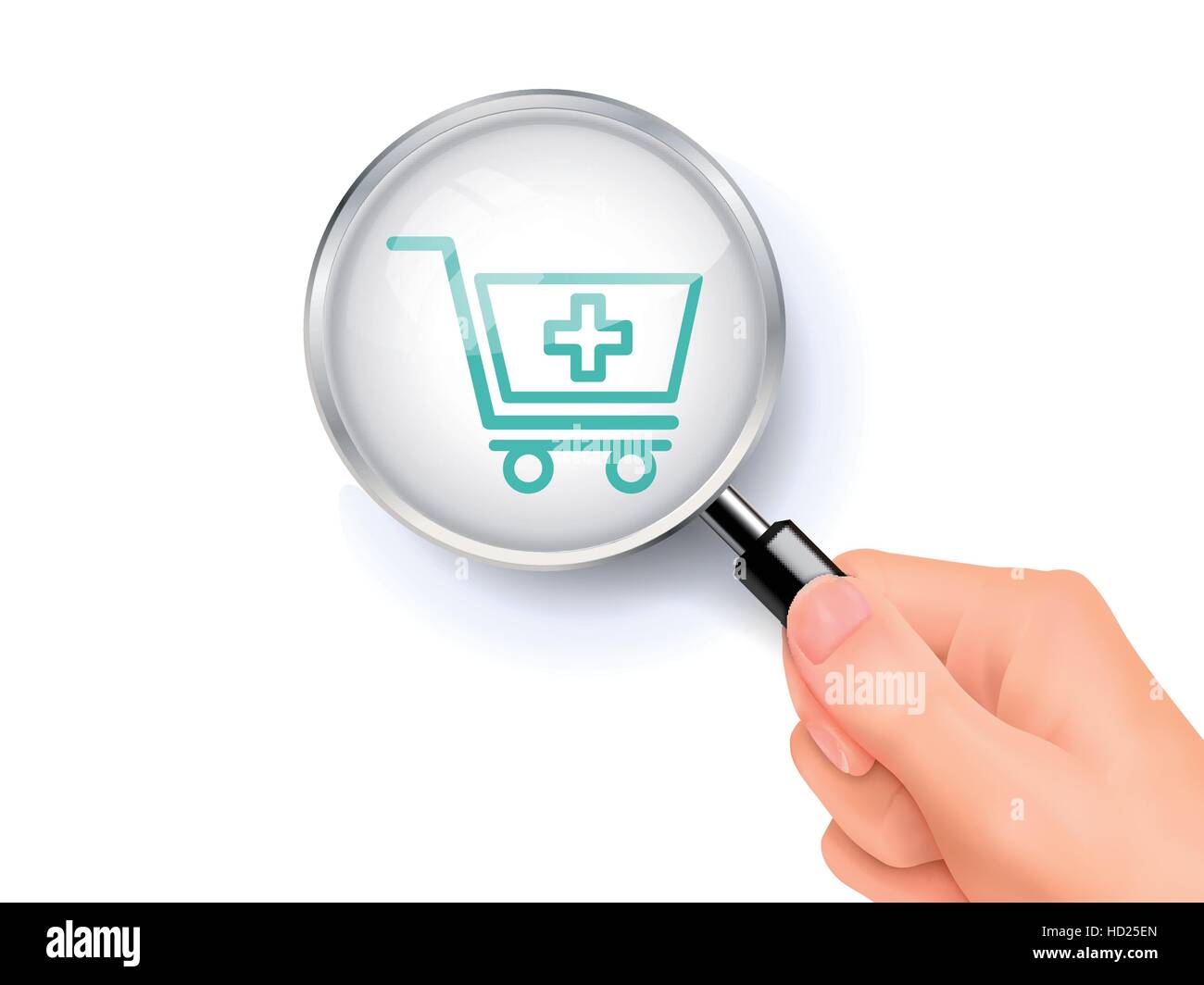 medical shopping cart icon showing through magnifying glass held by ...