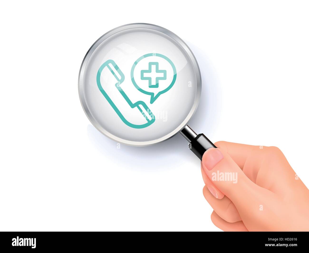 emergency call icon showing through magnifying glass held by hand Stock ...
