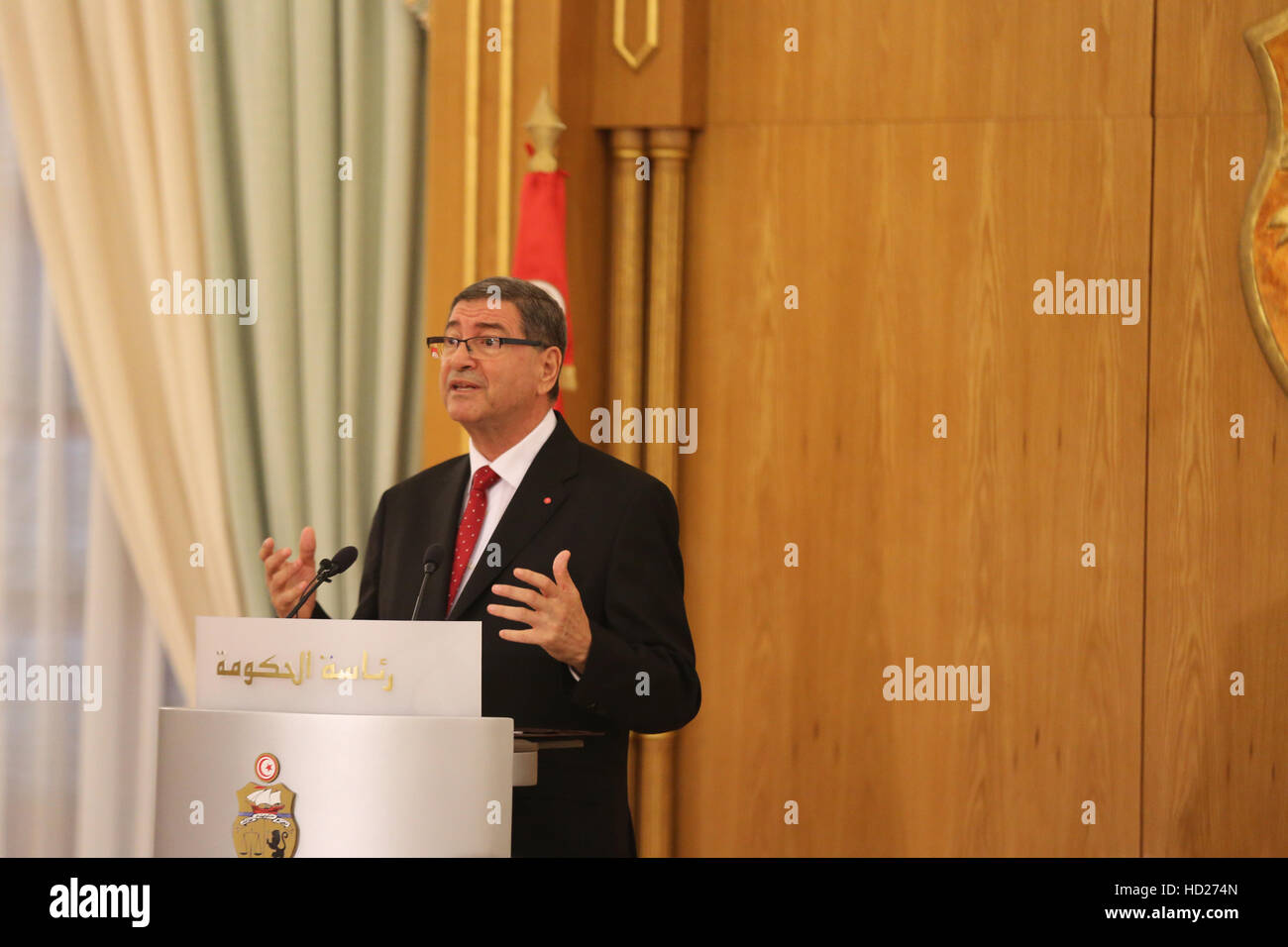 Habib Essid talk during the handover ceremony in Tunis, Tunisia August ...