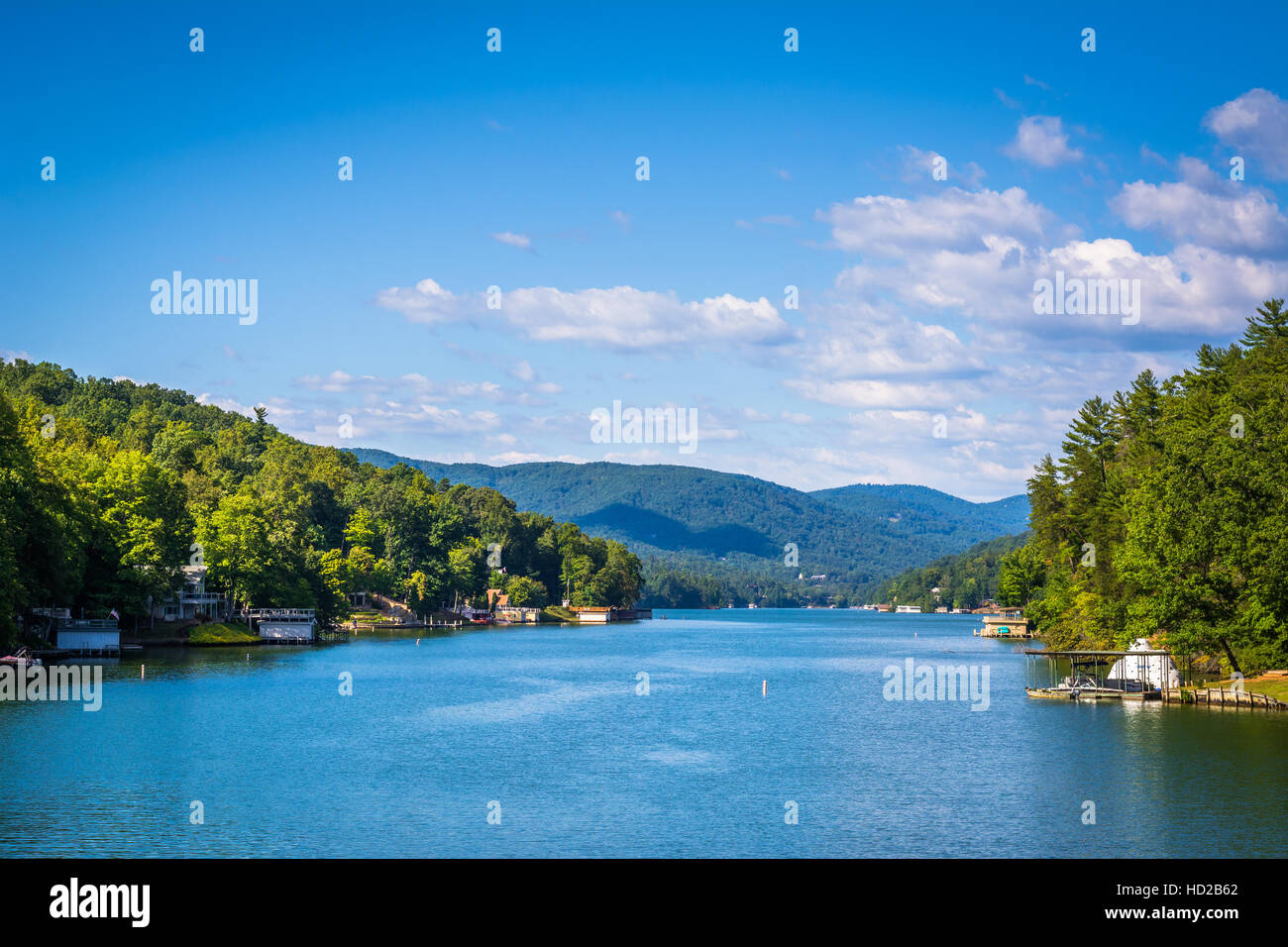 View of Lake Lure and distant mountain ranges, in Lake Lure, North ...