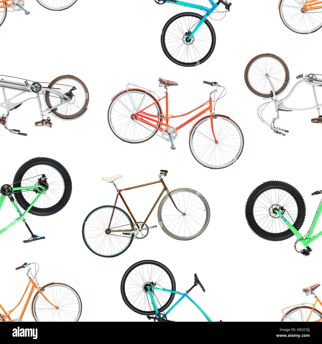 Seamless pattern of different bicycles isolated on a white background ...