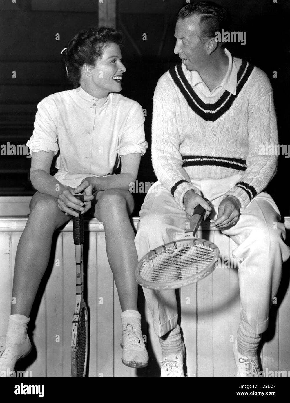 PAT AND MIKE, Katharine Hepburn, Don Budge on the set, 1952 Stock Photo ...