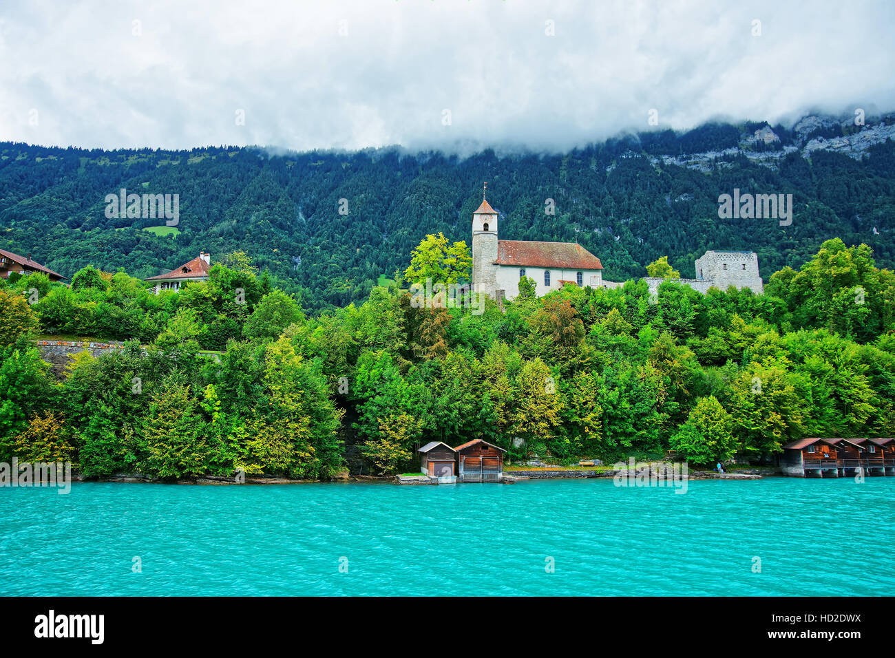 Parish Church in Lake Brienz and Brienzer Rothorn mountain at ...