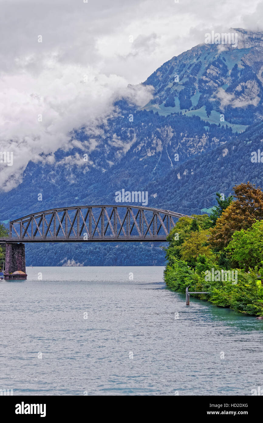 Bridge above Lake Brienz and Brienzer Rothorn mountain on the ...