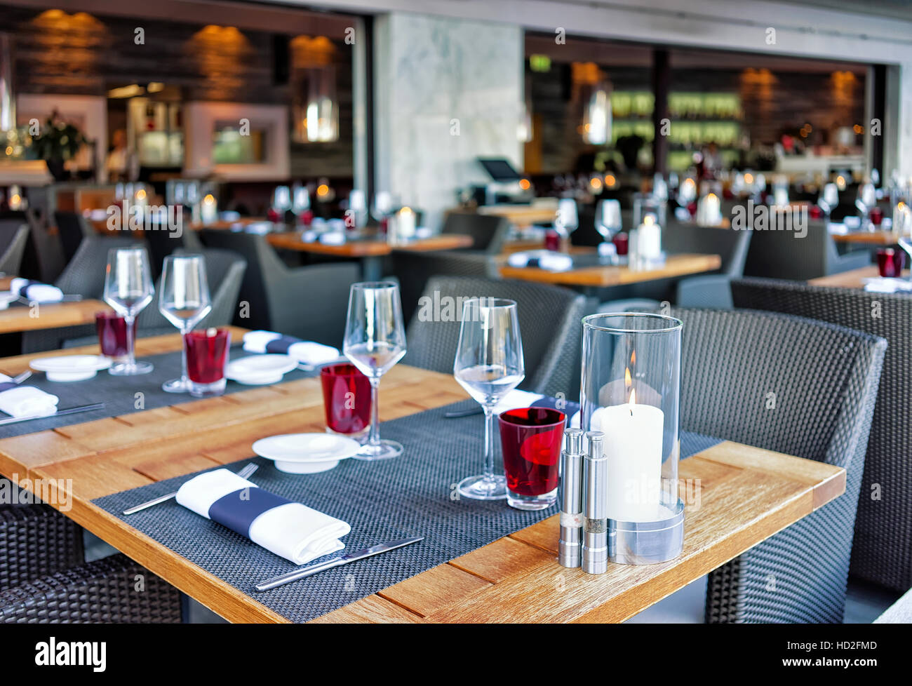 Typical restaurant terrace with chairs and tables ready for a meal at ...