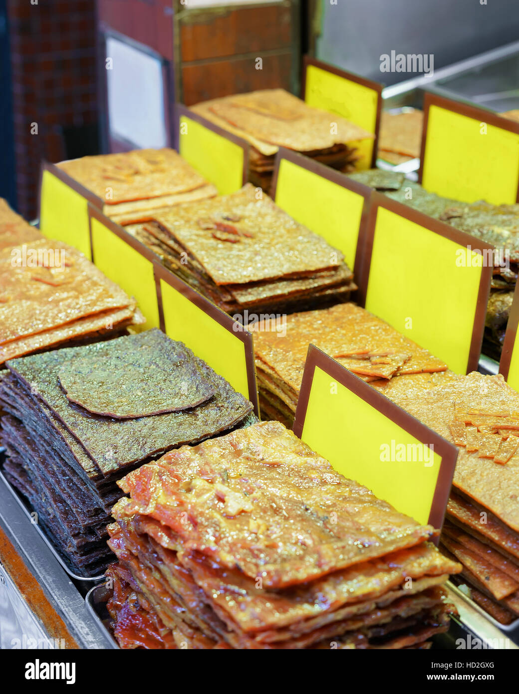Stall with traditional dry meat food in Historical old city center in ...