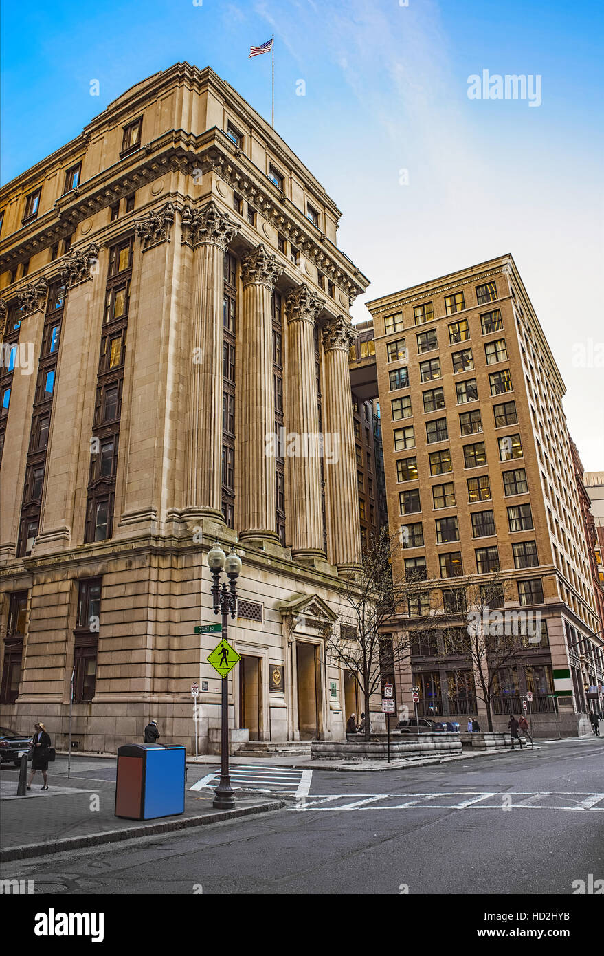Tall building on 26 Court Street in downtown Boston, MA, USA. People on ...