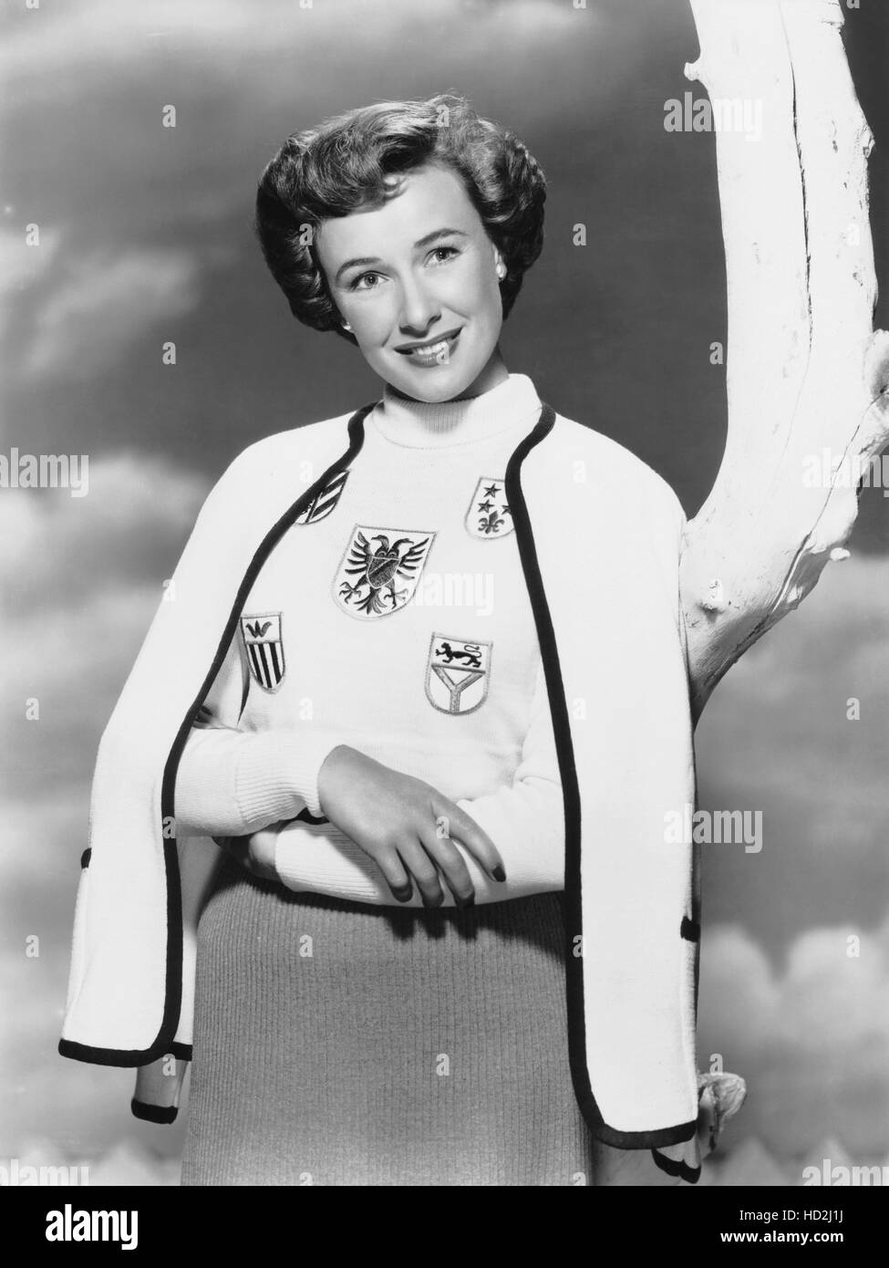 Phyllis Thaxter, modeling a wool twin set by Catalina, 1952 Stock Photo ...