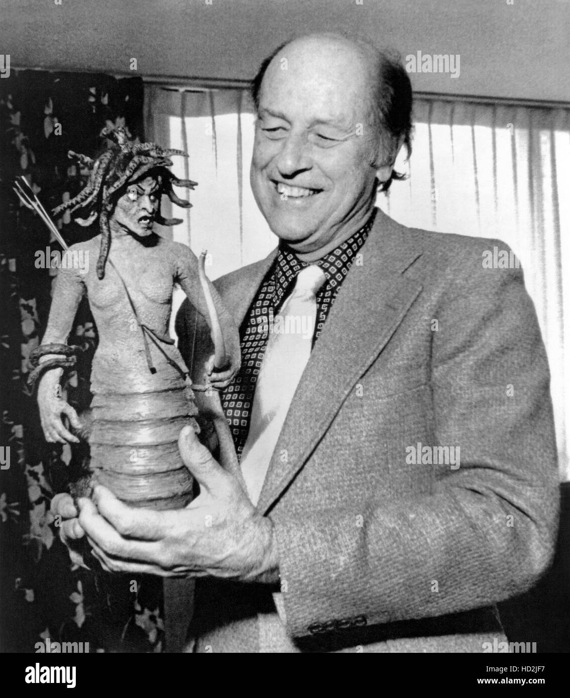 Ray Harryhausen, circa early 1990s, holding the 'Medusa' stop-motion ...