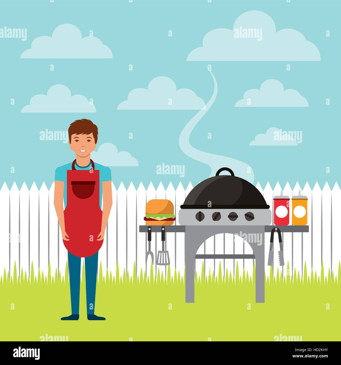 cartoon man with a barbecue grill over landscape background. colorful ...