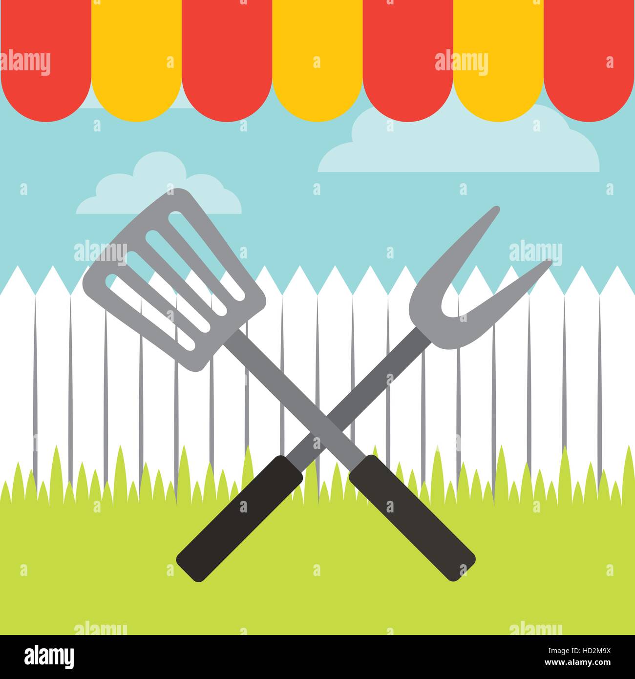 barbecue utensils crossed over landscape background. colorful design ...