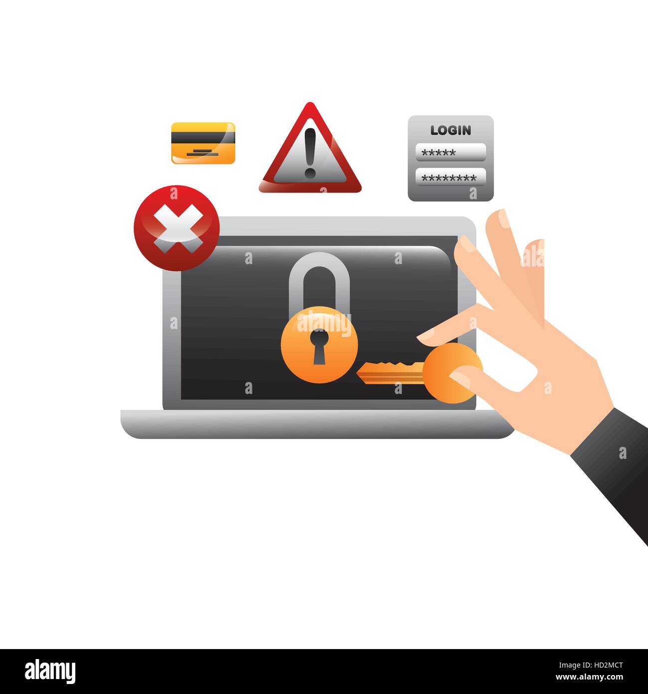 laptop computer and hand holding a key.cyber security concept. colorful ...