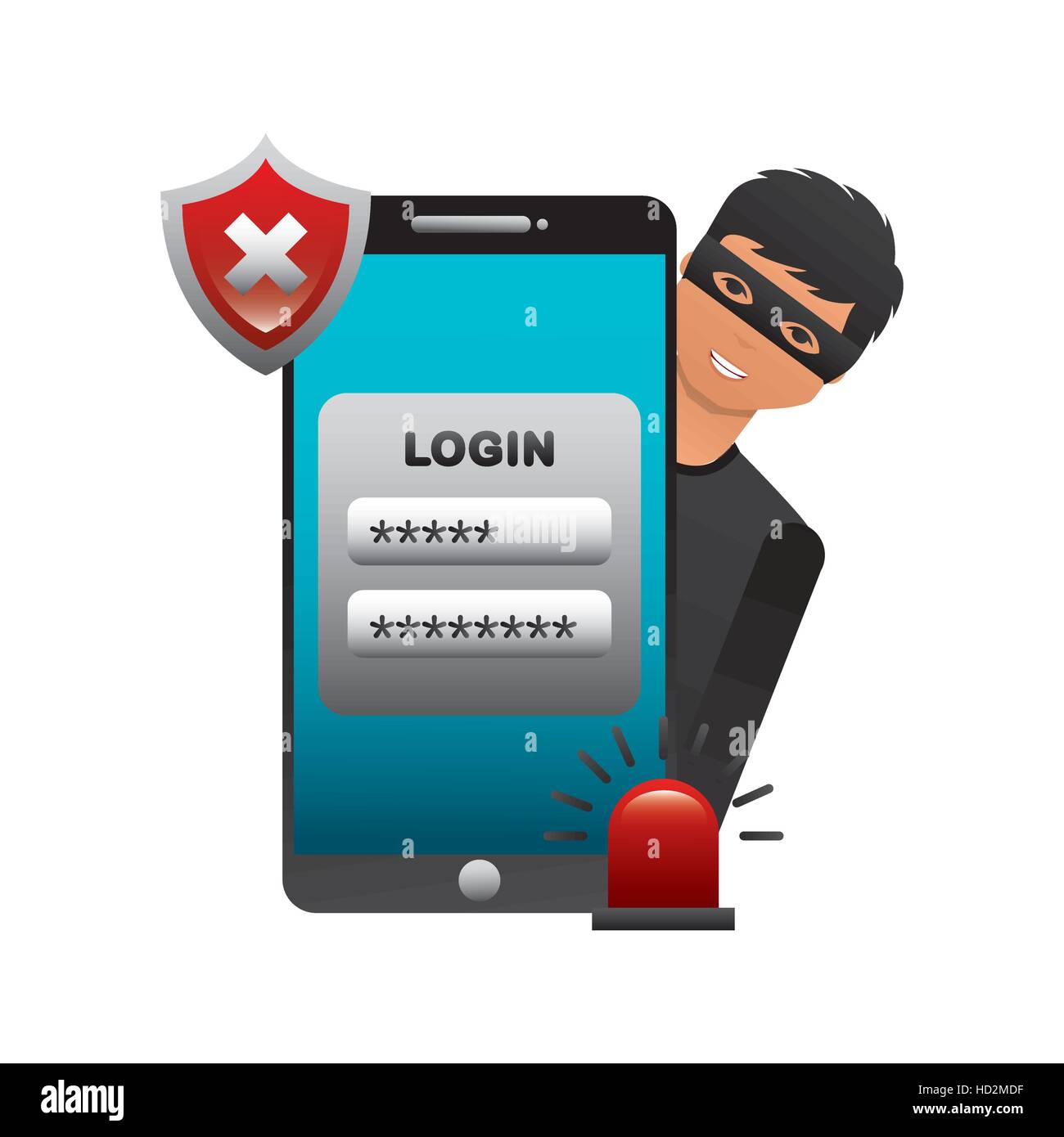 cartoon hacker man with smartphone device and wrong shield. cyber ...