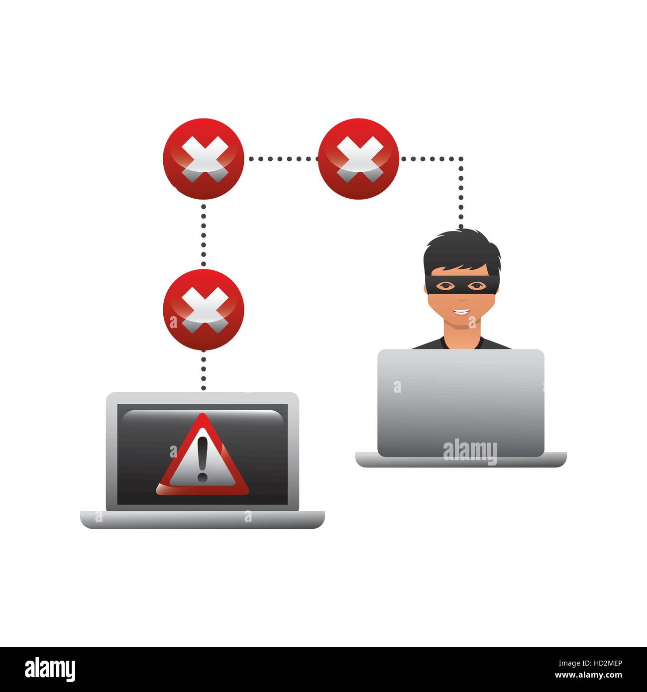 cartoon hacker man with laptop computer and wrong icons around over ...