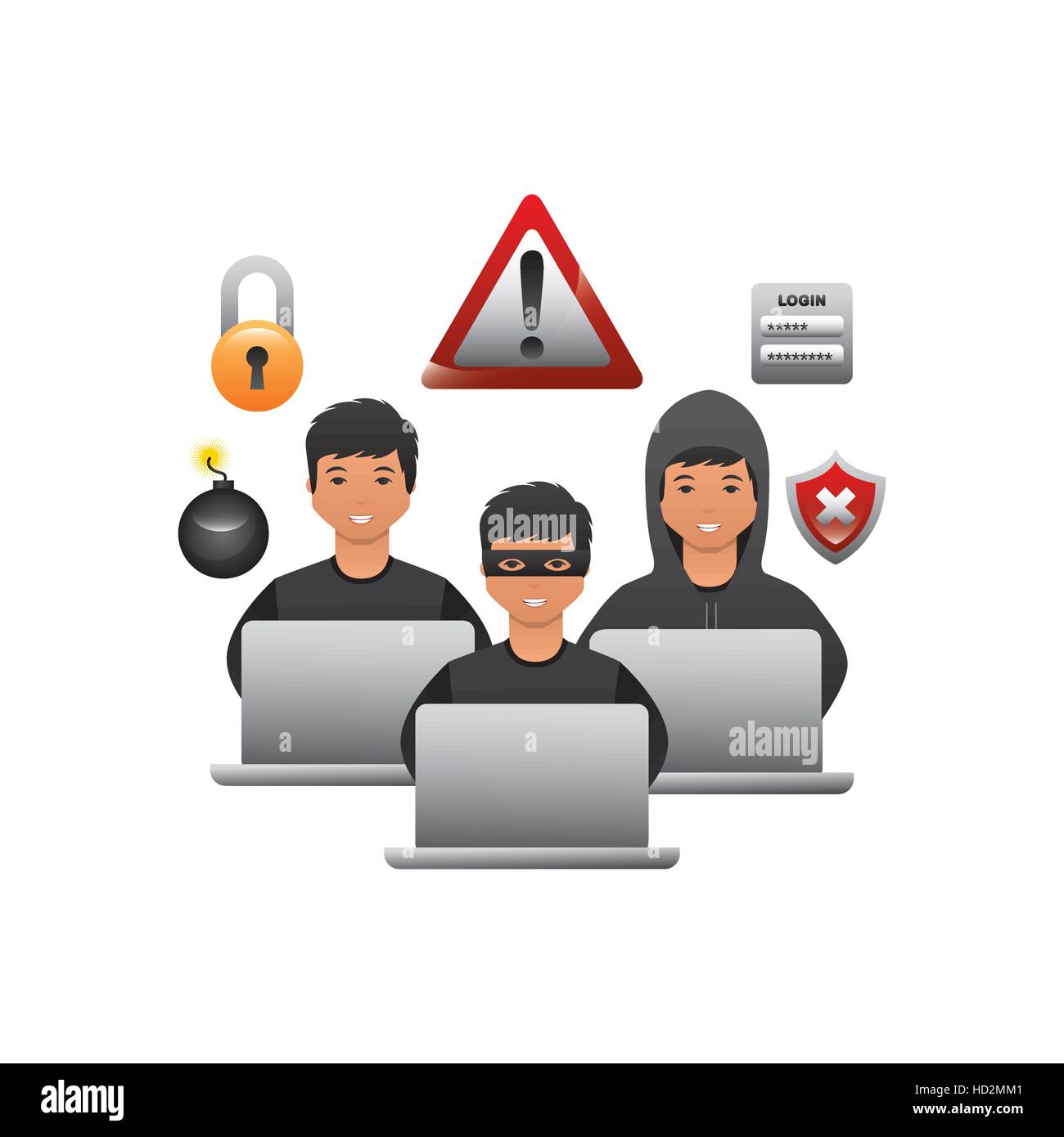 cartoon hackers men with laptops computers and over white background ...