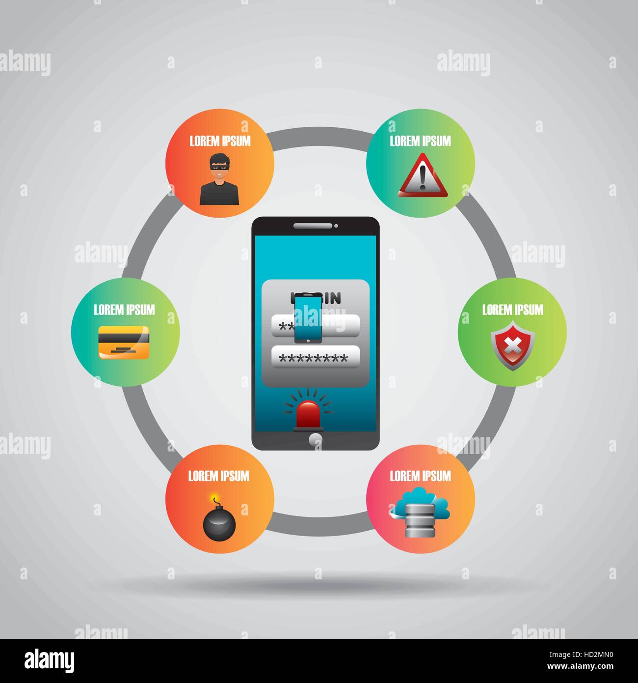 smartphone device with cyber security icons around over white ...