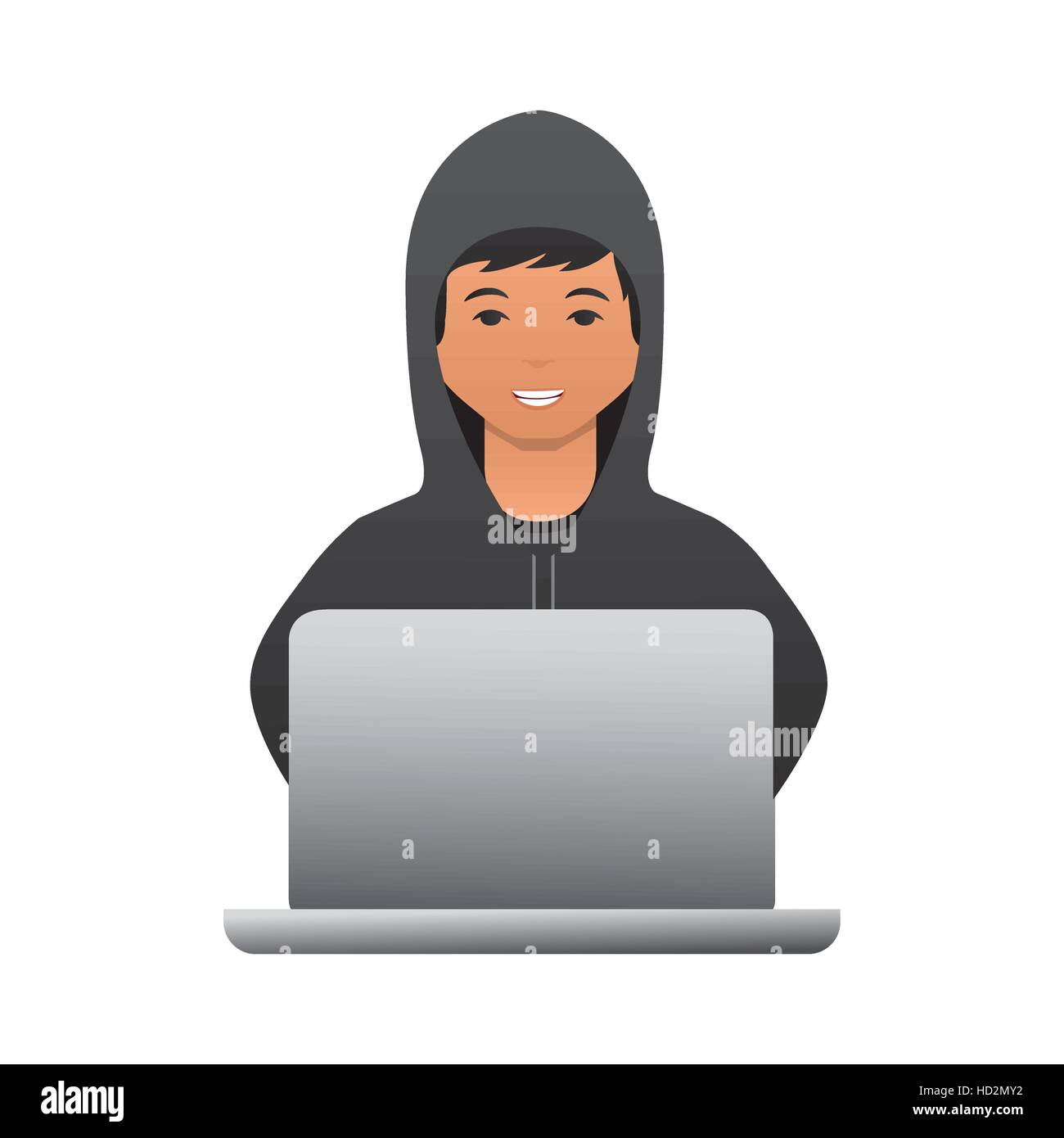 cartoon hacker man with laptop computer icon over white background ...
