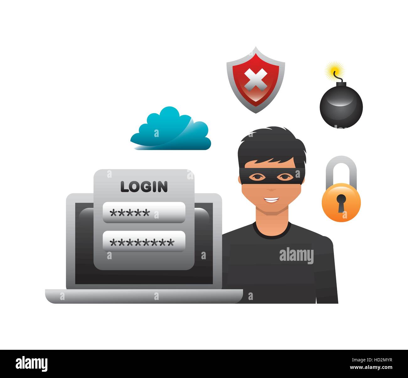 cartoon hacker man with laptop computer and cyber security icons around ...