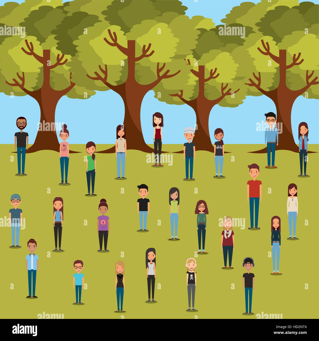cartoon young people in the park with trees over white background ...