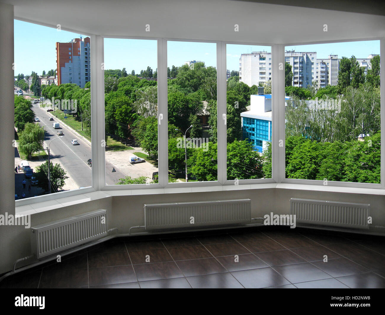 In indoor windows and modern interior with modern buildings hi-res ...