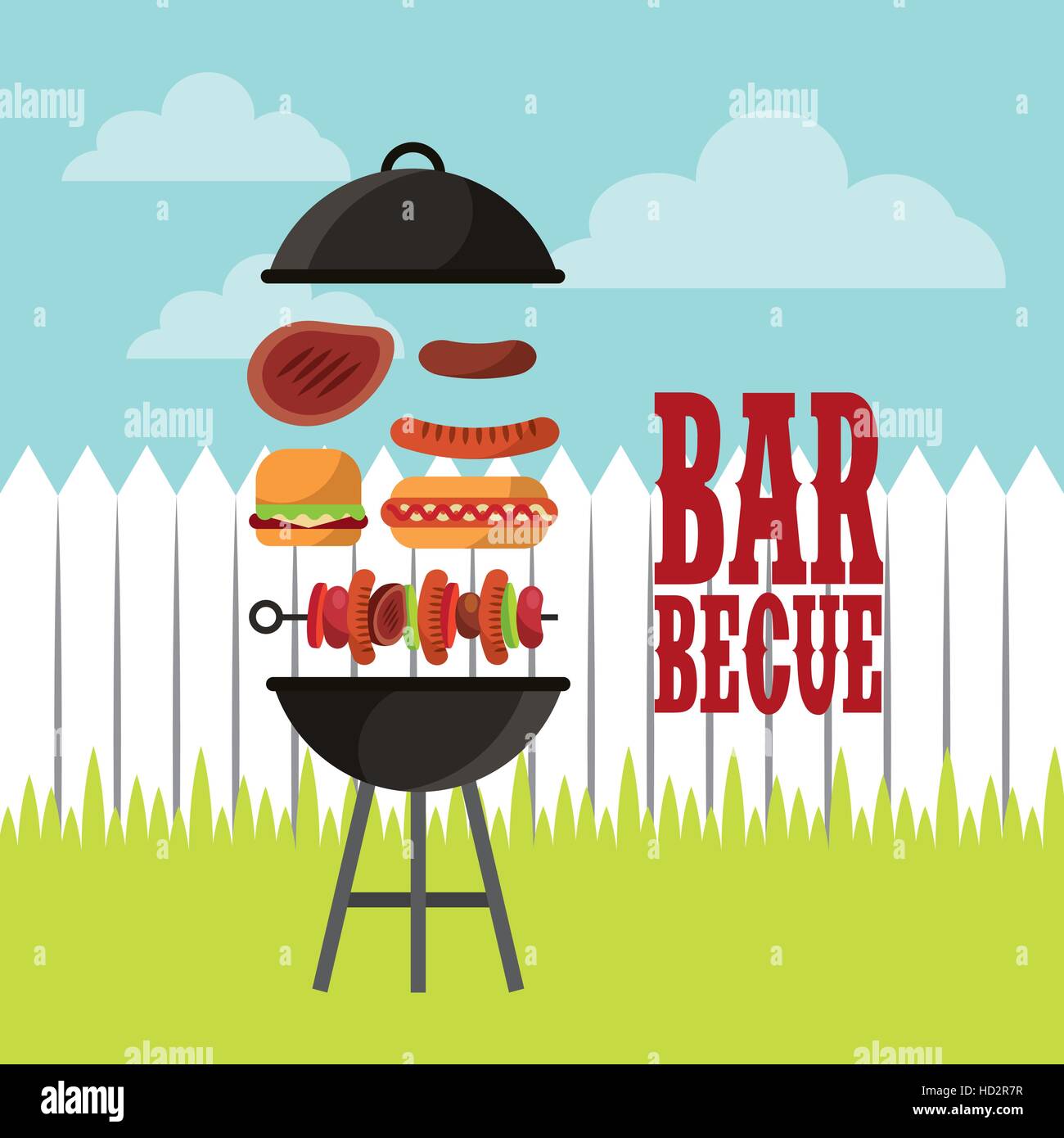 barbecue with grilled food icon over landscape background. colorful ...