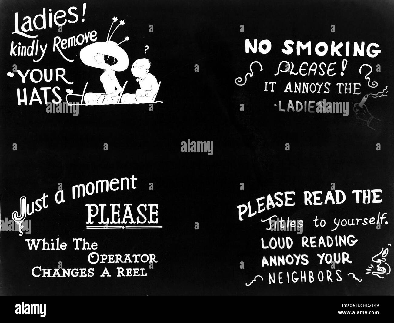 Examples of slides projected on movie screens to inform the audience ...