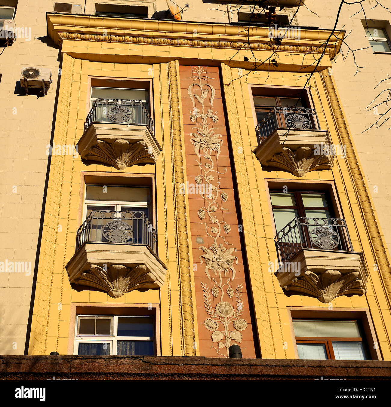 Beautiful building in Moscow with a color pattern between the balconies ...