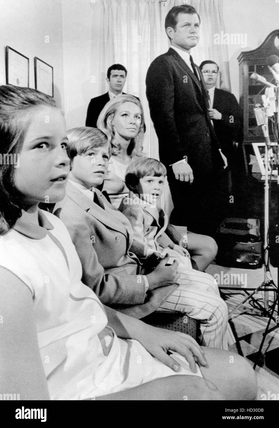 Senator Edward Kennedy (standing) announces his plans for re-election ...