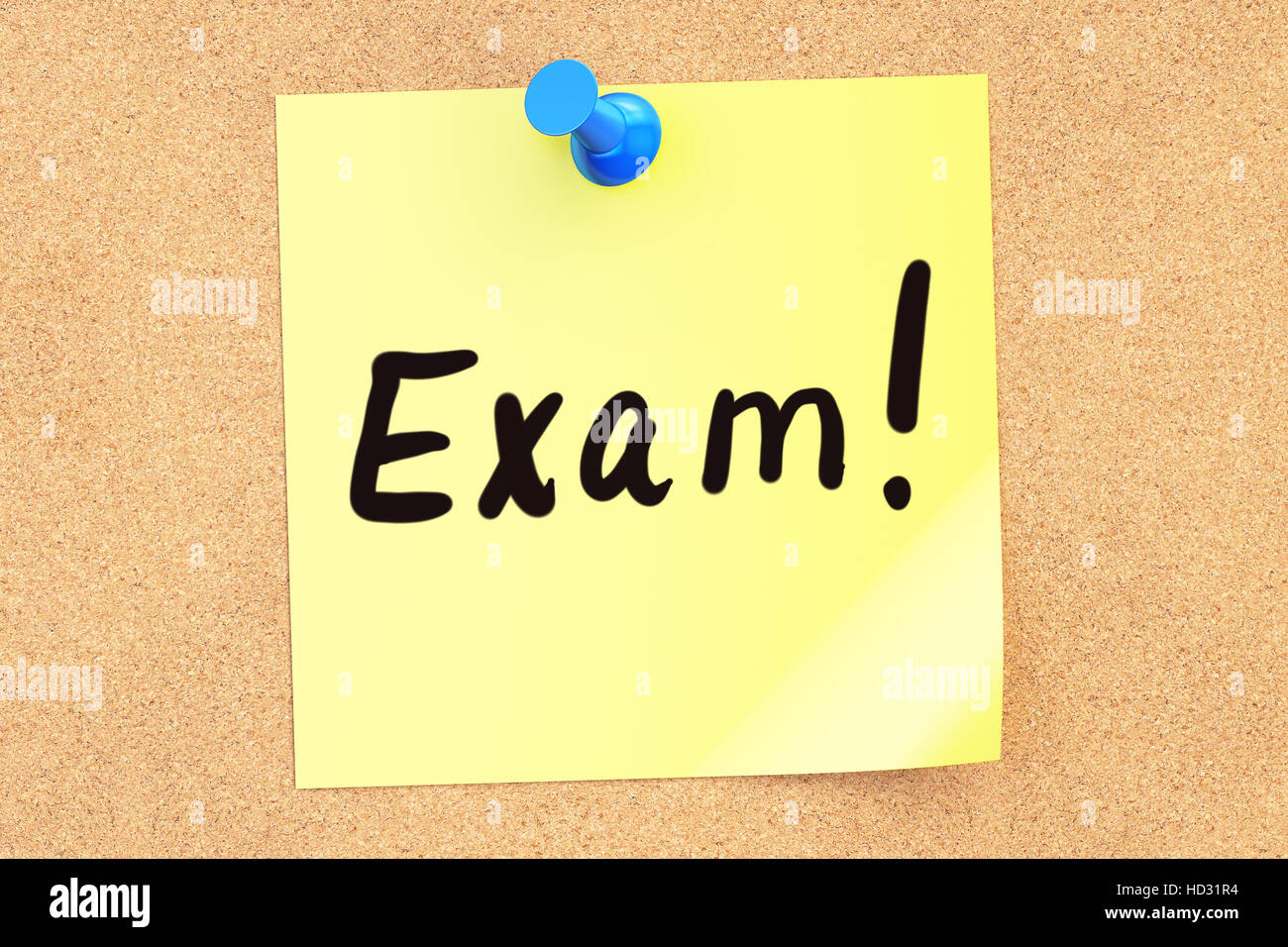 Exam. Text on a sticky note pinned to a corkboard. 3D rendering Stock ...