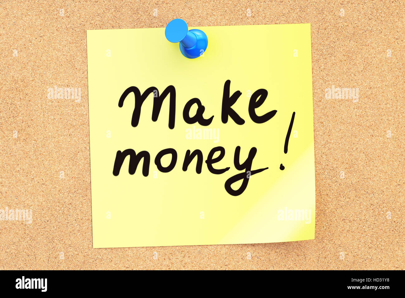 Make money! Text on a sticky note pinned to a corkboard. 3D rendering ...