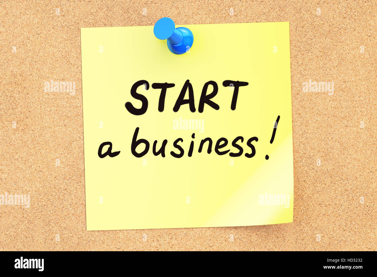 Start a business! Text on a sticky note pinned to a corkboard. 3D ...