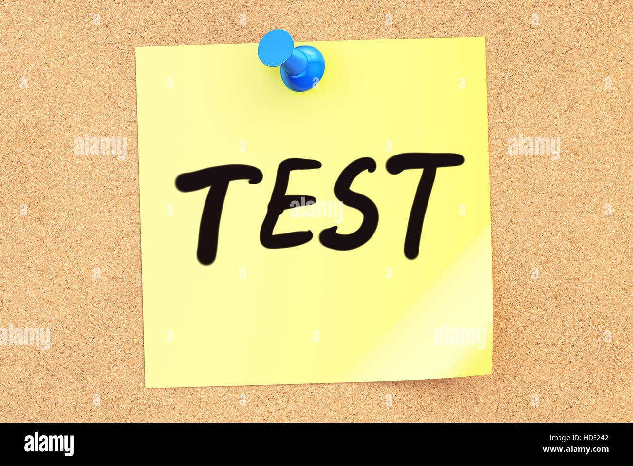 Test. Text on a sticky note pinned to a corkboard. 3D rendering Stock ...
