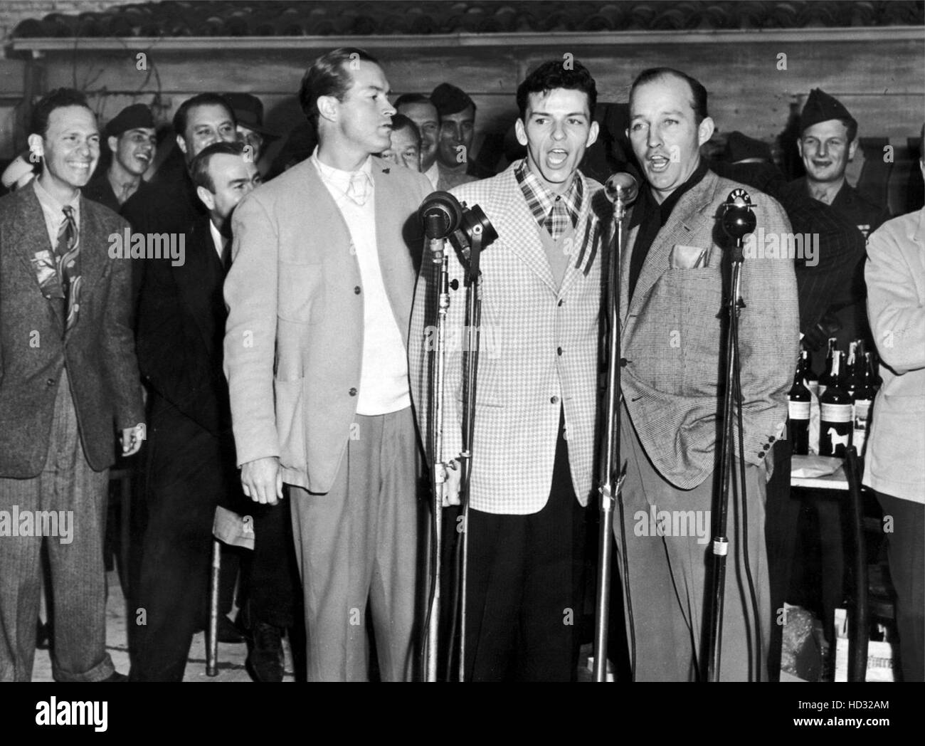 Foreground from left: Bob Hope, Frank Sinatra, Bing Crosby entertaining ...