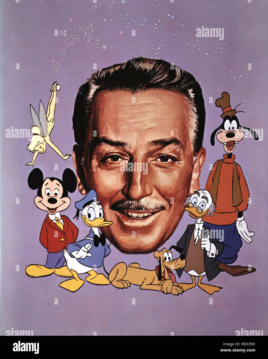 Walt Disney (center) and from left: Tinkerbell, Mickey Mouse, Donald ...