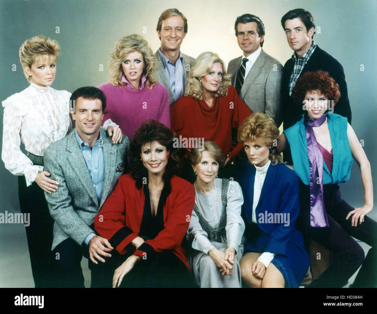 KNOTS LANDING, standing l-r: Lisa Hartman, Donna Mills, Ted Shackleford ...