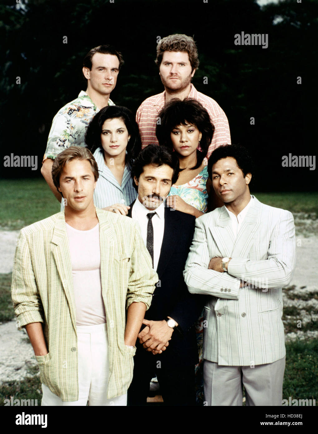 MIAMI VICE, (front, from left): Don Johnson, Edward Olmos, Philip Michael Thomas, (middle ...