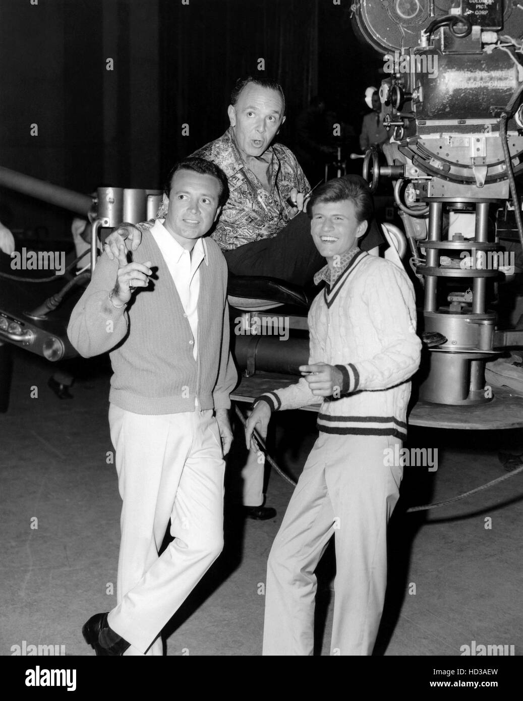 Vic Damone visits director George Sidney and Bobby Rydell on-set of BYE ...