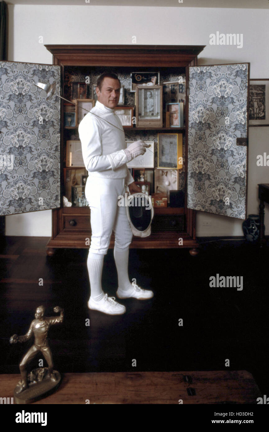 Tony Curtis, in fencing uniform at his in California, c. June 1979 ...