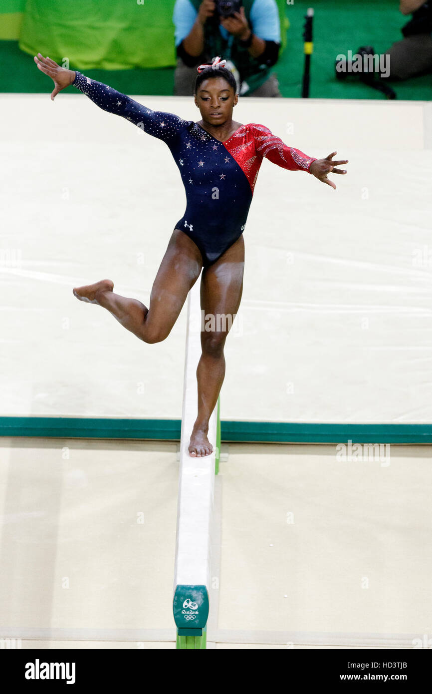Rio de Janeiro, Brazil. 7 August 2016. Simone Biles (USA) performs on ...