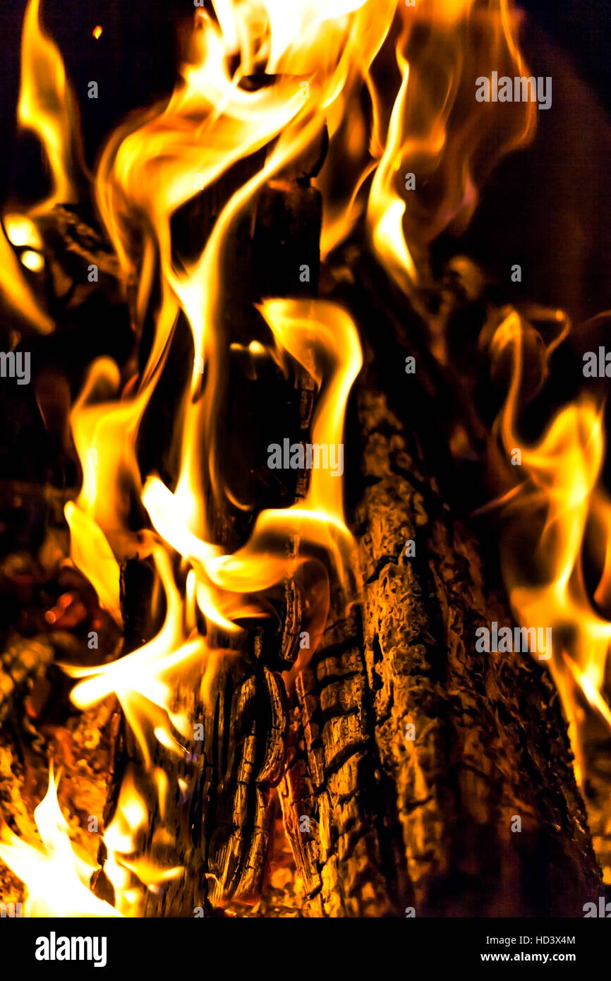bonfire, fire, logs close up at night Stock Photo - Alamy